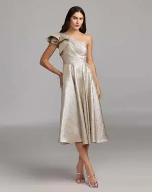Mac Duggal Oyster Metallic Ruffle One Shoulder Midi Dress - Gold