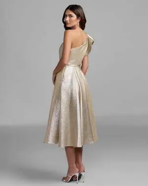Mac Duggal Oyster Metallic Ruffle One Shoulder Midi Dress