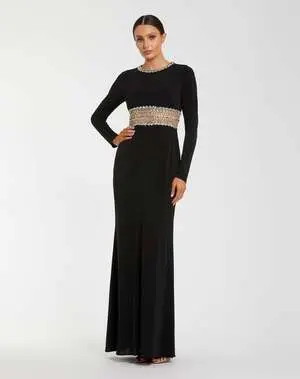 Mac Duggal Long Sleeve Gown With Embellished Cut Out - Black