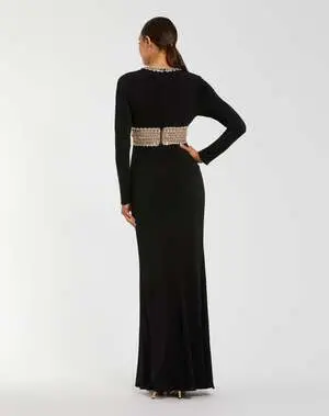 Mac Duggal Long Sleeve Gown With Embellished Cut Out