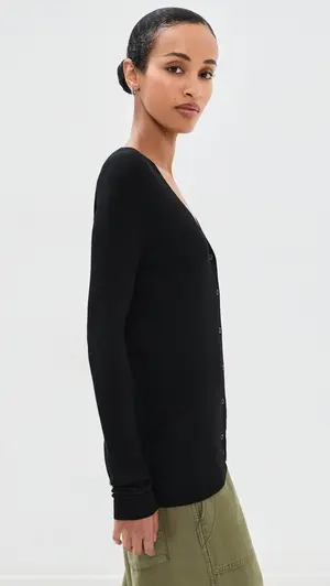 Tibi Feather Weight Ribbed V Neck Slim Cardigan