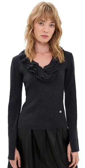 GANNI Ribbed Merino Wool Frill Sweater - Phantom