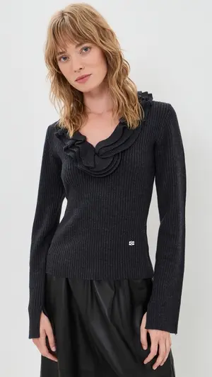 GANNI Ribbed Merino Wool Frill Sweater