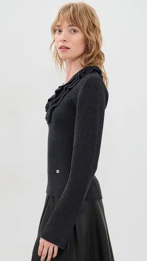 GANNI Ribbed Merino Wool Frill Sweater