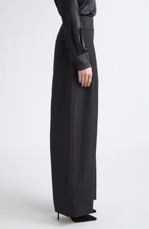 JASON WU Pleat Front High Waist Tropical Wool Wide Leg Trousers - Black