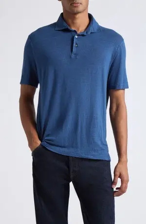 Thom Sweeney Short Sleeved Linen Polo - Blue