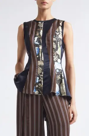 JASON WU Mixed Media Paneled Silk Top - Deep Navy Multi