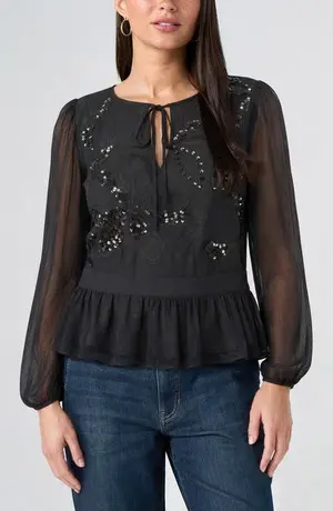 LIVERPOOL Embellished Peplum Chiffon Top - Black