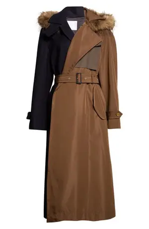 Sacai Mixed Media Trench Coat With Faux Fur Trim Hood - Camel/navy