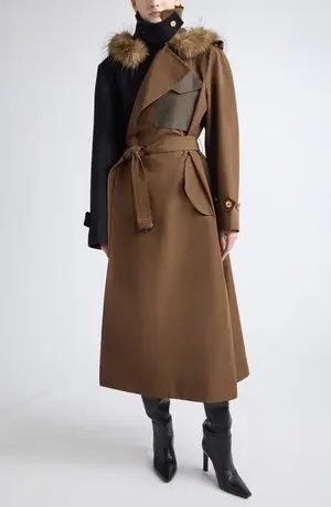 Sacai Mixed Media Trench Coat With Faux Fur Trim Hood - Camel/navy