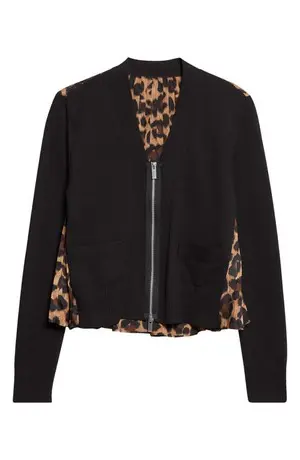 Sacai Mixed Media Leopard Trim Cotton Blend Zip Cardigan - Black/beige
