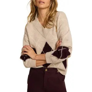 Mint Velvet Argyle Knit Jumper Pullover Sweater With Long Sleeve And V-neck - Neutral
