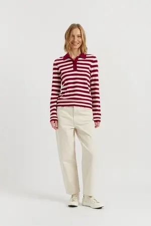 Chinti & Parker Wool-cashmere Stripe Collared Sweater - Cherry