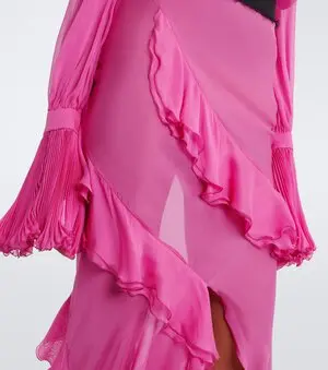 Roberto Cavalli Belted Ruffled Sheer Silk Gown