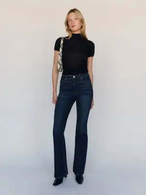 REFORMATION Taya Super Stretch High Rise Flare Short Jeans - Blue