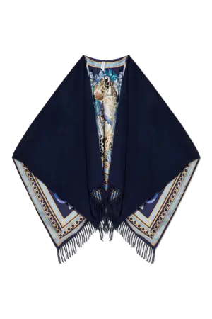 FERRAGAMO Cashmere Poncho With Fringes - Navy Blue