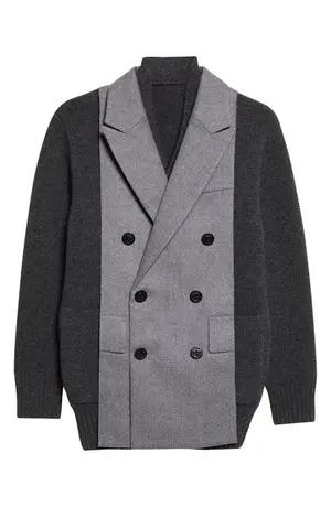 Sacai Mixed Media Flannel Panel Wool Blend Cardigan - Gray