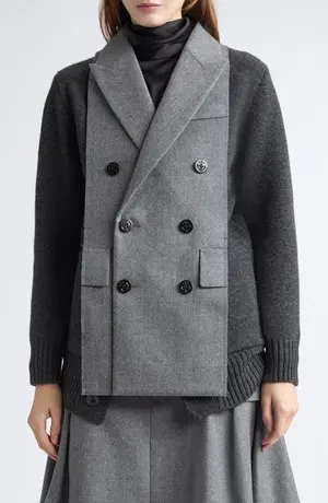 Sacai Mixed Media Flannel Panel Wool Blend Cardigan - Gray