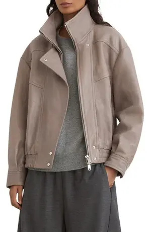 REISS Petra Leather Jacket - Grey