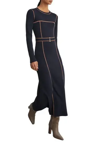 REISS Etta Long Sleeve Midi Sweater Dress - Navy/camel