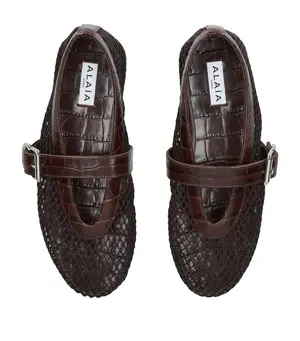 Alaïa Croc-embossed Leather Mesh Ballet Flats - Brown