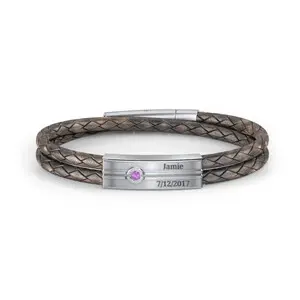 Jewlr Antique Brown Leather Engravable Gemstone Rectangle Bracelet - Sterling Silver