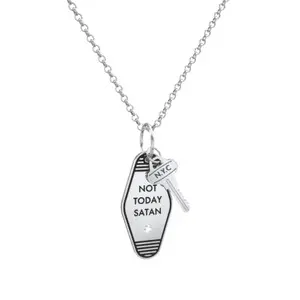 Jewlr Not Today Satan Engravable Retro Keychain Charm Necklace With Accent Black - Sterling Silver