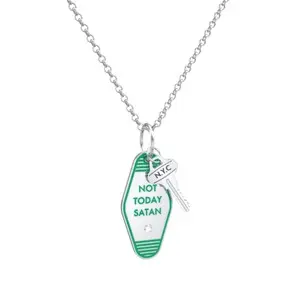 Jewlr Not Today Satan Engravable Retro Keychain Charm Necklace With Accent Green - Sterling Silver