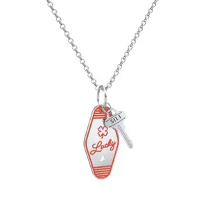 Jewlr Lucky Engravable Retro Keychain Charm Necklace With Accent Orange - Sterling Silver