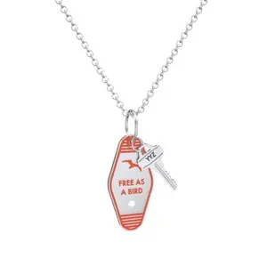Jewlr Free As A Bird Engravable Retro Keychain Charm Necklace With Accent Orange - Sterling Silver