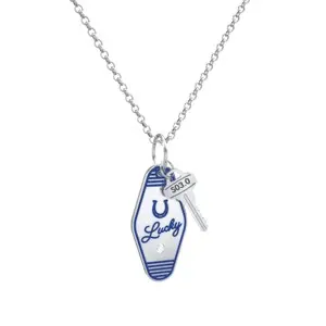 Jewlr Lucky Horseshoe Engravable Retro Keychain Charm Necklace With Accent Blue - Sterling Silver