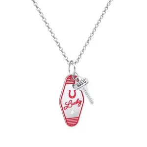 Jewlr Lucky Horseshoe Engravable Retro Keychain Charm Necklace With Accent Red - Sterling Silver