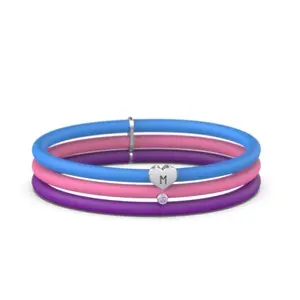 Jewlr Engravable Heart And Birthstone Charm Silicone Bracelet Set Double Style - Sterling Silver