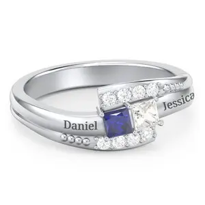 Jewlr Engravable Bypass Ring With Princess Cut Gemstones And Accents - Sterling Silver