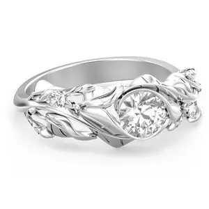 Jewlr Solitaire Leaf Ring With Accent Stones - Sterling Silver