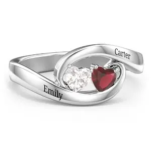 Jewlr Engravable Double Heart Gemstone Wave Ring - Sterling Silver