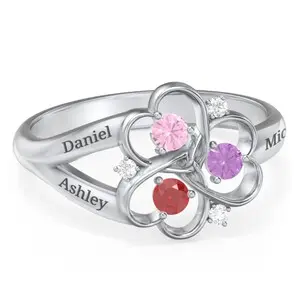Jewlr Engravable Intertwined Triple Heart Ring With Gemstones - Sterling Silver