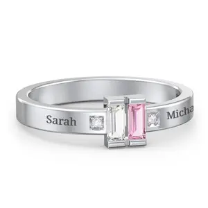 Jewlr Baguette Birthstone Ring With Accents - Sterling Silver