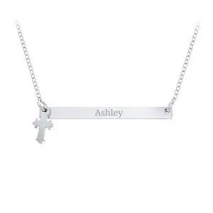 Jewlr Engravable Bar Pendant With Cross Charm - Sterling Silver