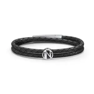 Jewlr Leather Round "n" Initial Bracelet - Sterling Silver