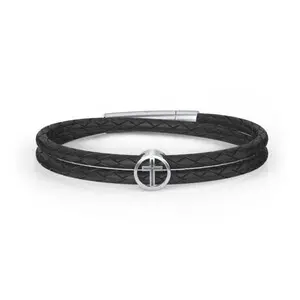 Jewlr Leather Cross Bracelet - Sterling Silver