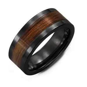 Jewlr Black Ring With Wood Inlay - Ceramic