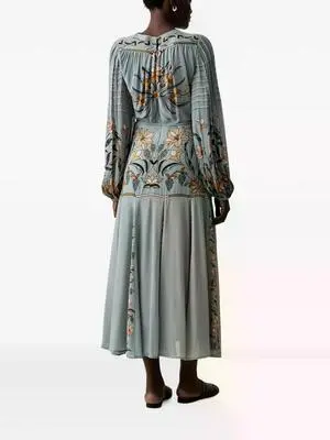 Farm Rio Floral-print Pleated-sleeve Midi Dress