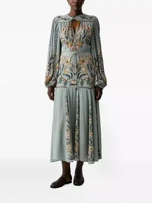 Farm Rio Floral-print Pleated-sleeve Midi Dress - Blue
