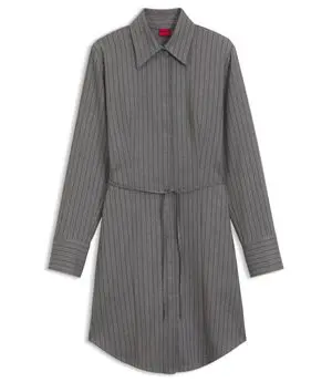 Hugo Belted Pinstripe Midi Shirtdress With Wide Cuffs - Patterned