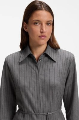 Hugo Belted Pinstripe Midi Shirtdress With Wide Cuffs