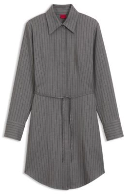 Hugo Belted Pinstripe Midi Shirtdress With Wide Cuffs