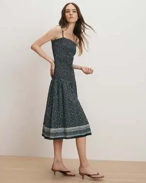 Veronica Beard Marietta Smocked Midi Dress - Navy Multi
