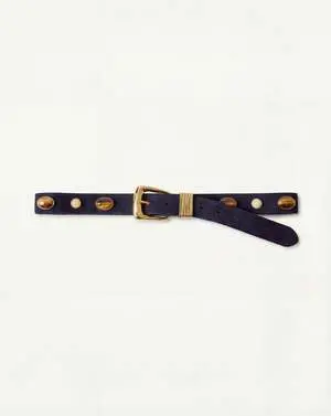 Veronica Beard Arch Embellished Suede Belt - Navy