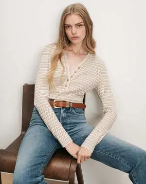 Veronica Beard Faelan Striped Henley Shirt - Rust Multi